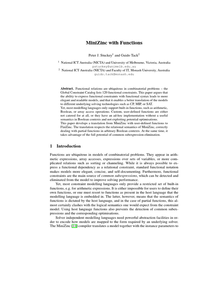 Minizinc with Functions | PDF | Boolean Data Type | Function (Mathematics) Minizinc with Functions | PDF | Boolean Data Type | Function (Mathematics)