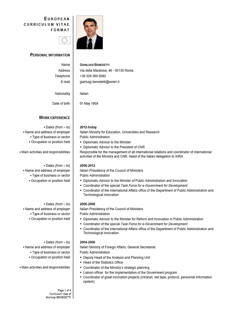 Sample CV EU Format | Download Free PDF | Diplomatic Rank | Goal Setting