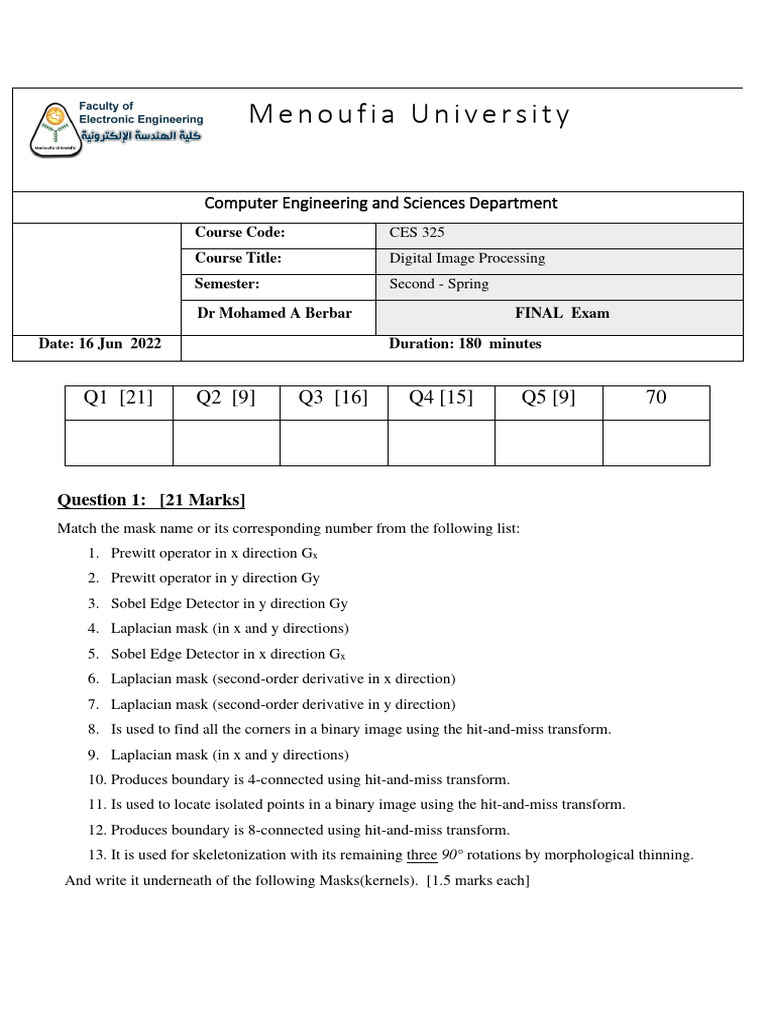 Exam 3 Image Processing 2022 | PDF | Image Segmentation | Image Processing