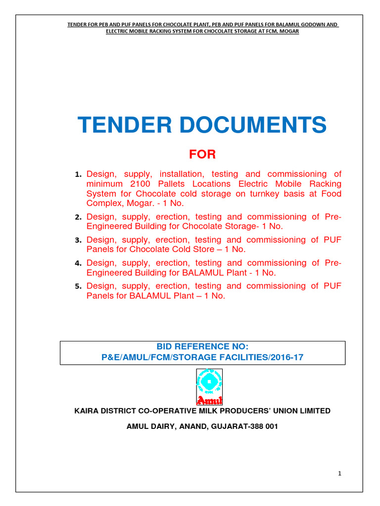 Amul Dairy Tender: PEB, PUF Panels & Racking | PDF | Prices | Warehouse