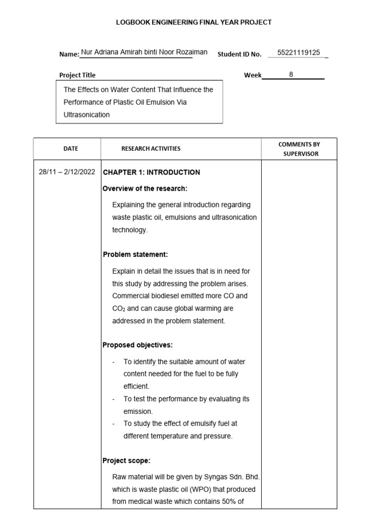 EFYP 1 Logbook - Nur Adriana Amirah - 55221119125 | PDF | Emulsion | Waste