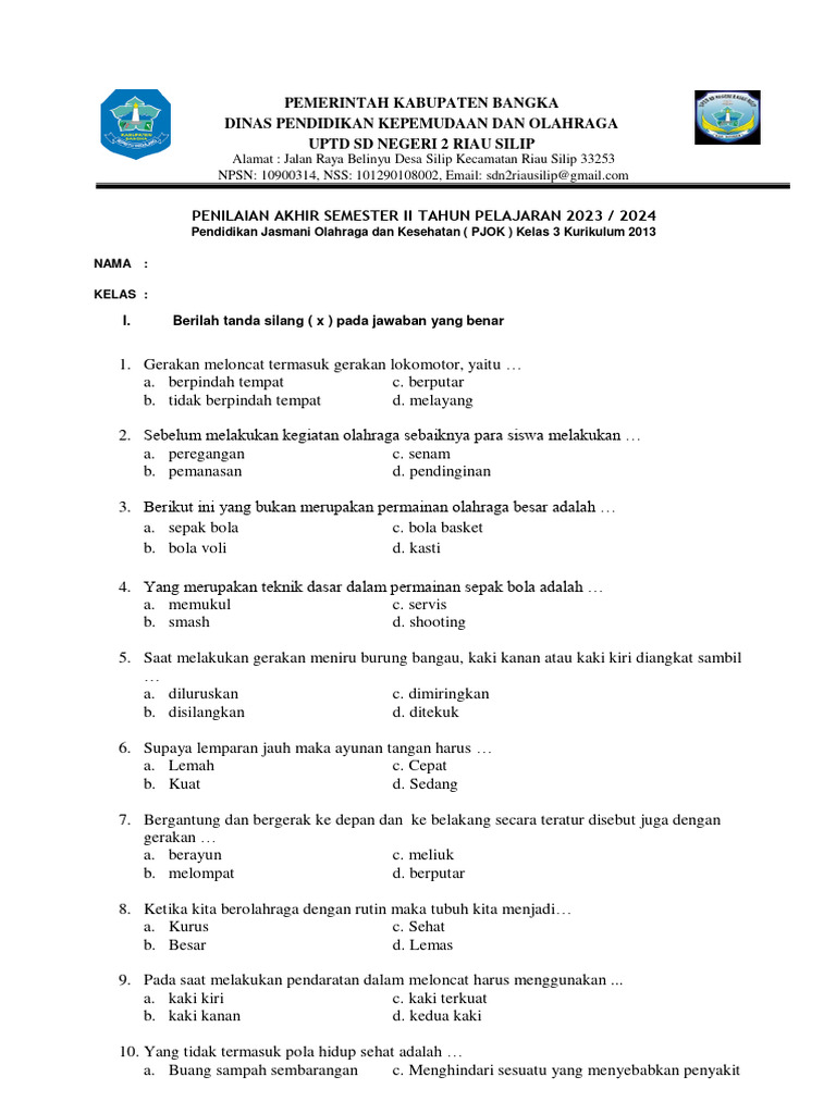 Soal Pas Pjok Kkgo Kelas 3 Semester 2 2024 - 2023 | PDF