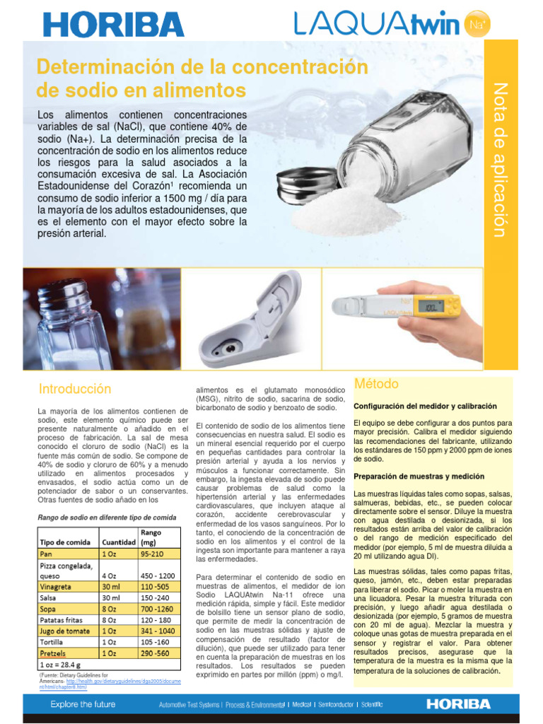 Nota de aplicacion - Determinación de la concentración de sodio en alimentos | PDF | Cloruro de ...