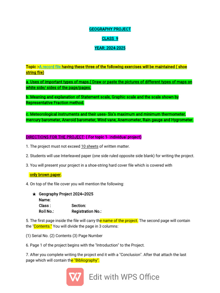 Geography Project Guidelines for Class 9 | PDF