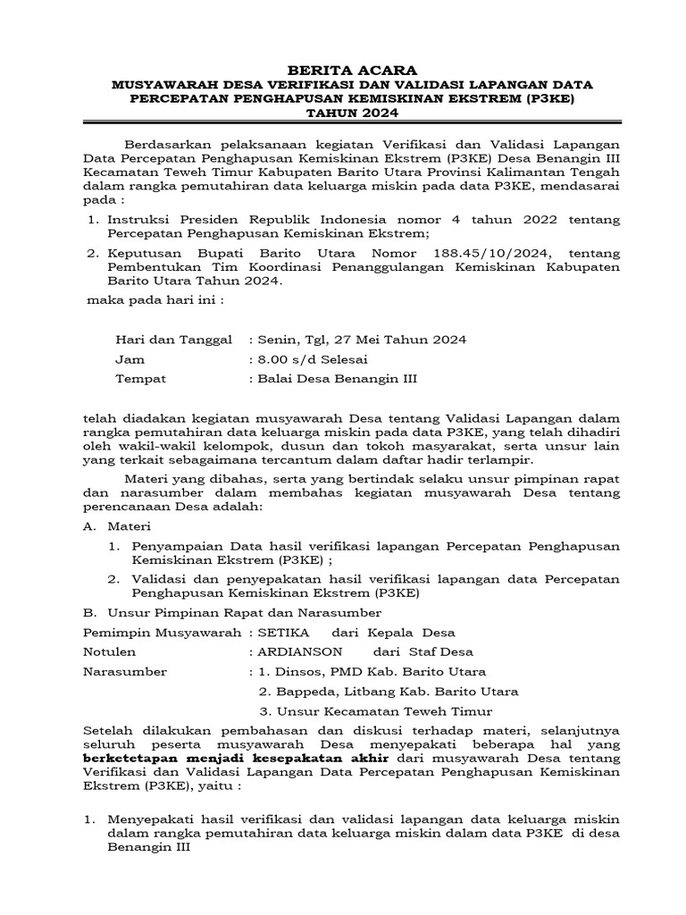 Format Berita Acara Verifikasi Dan Validasi Data P3KE - Desa | PDF