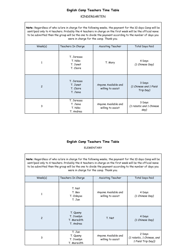 English-Camp-Teachers-Time-Table | PDF