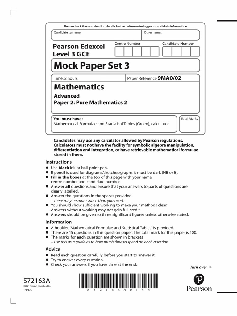 0s3 9MA0 02 Pure 2 Mock Set 3 Worked Solutions | PDF