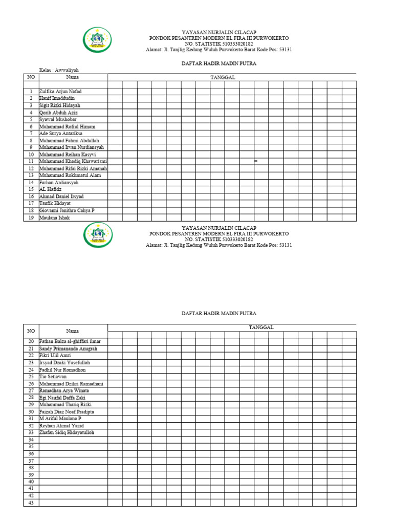 Presensi Madin Awwaliyah 2023 | PDF