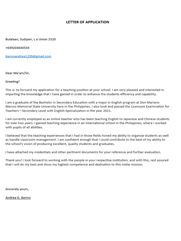 LETTER OF APPLICATION Andrea Banno-1 | PDF | Wellness