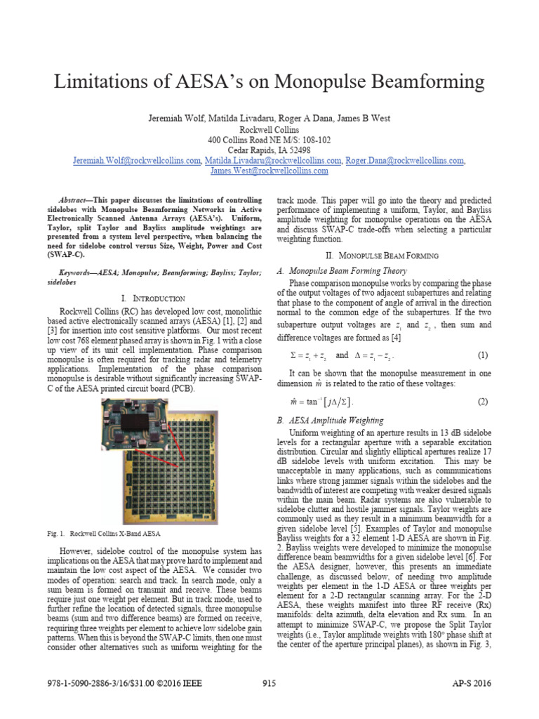 Limitations of AESA's On Monopulse Beamforming 2016 IEEE | PDF | Radar | Radio