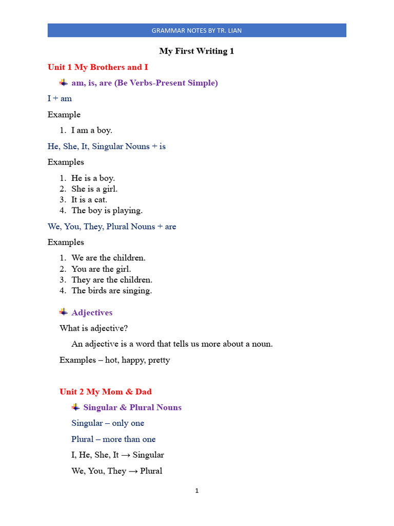 My First Writing 1 (Grammar Notes) | PDF | Noun | Plural