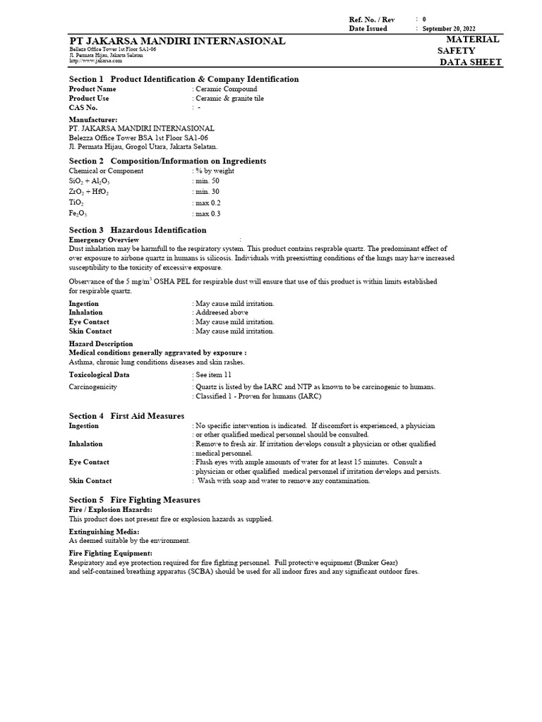 MSDS Ceramic Compound | Download Free PDF | Dangerous Goods | Firefighting