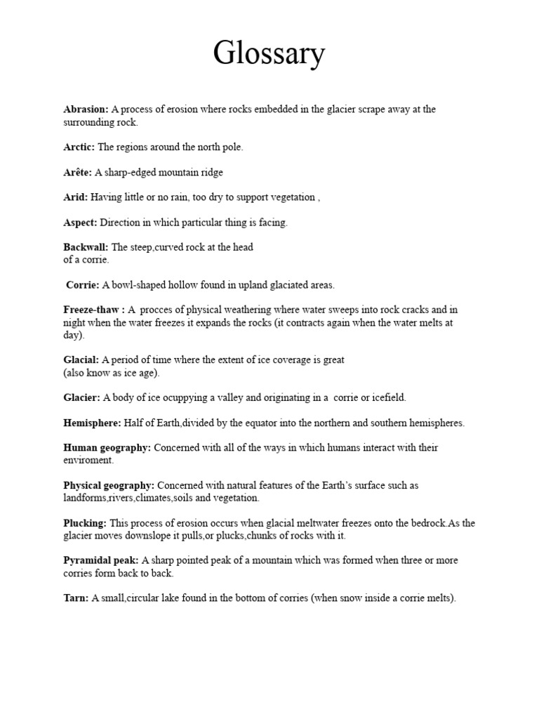 Glacial Geography Terms Glossary | PDF