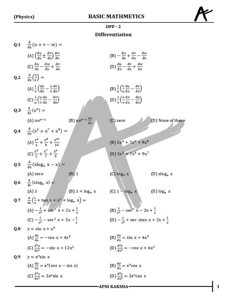DPP - 02 - Basic Maths - Differentiation | PDF