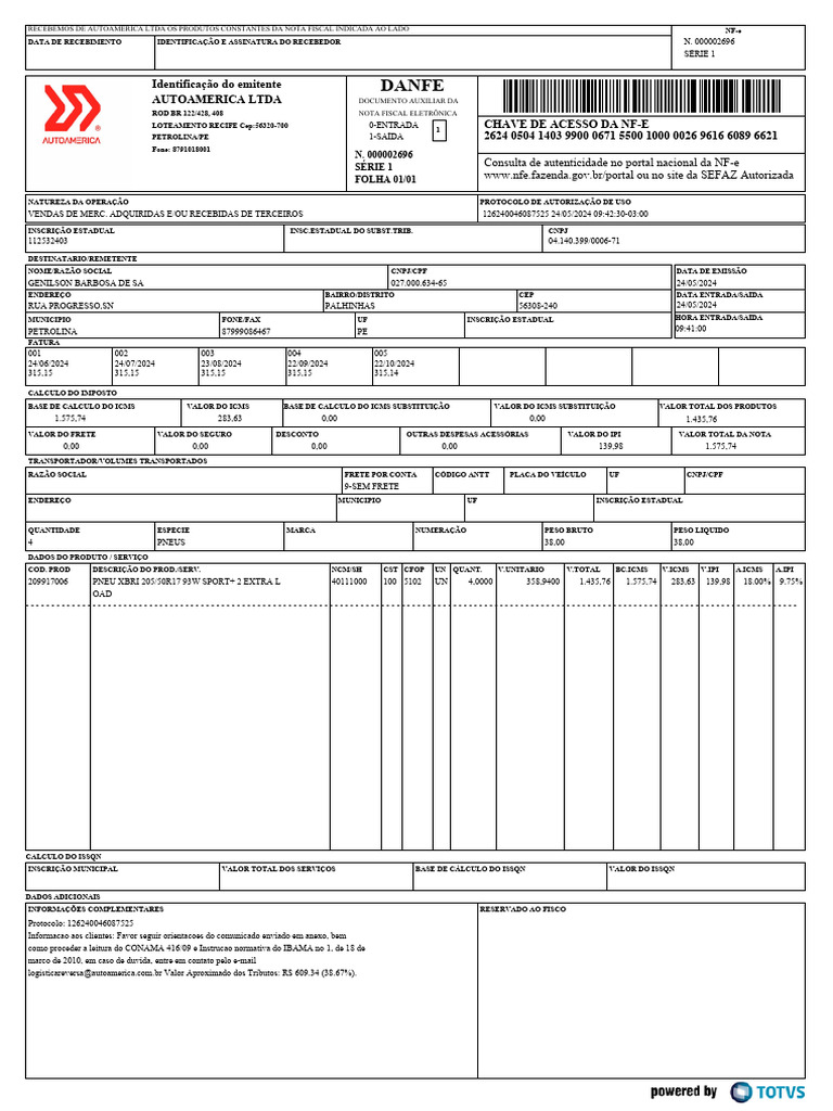 Danfe 00015020240524100050 | PDF | Recibo