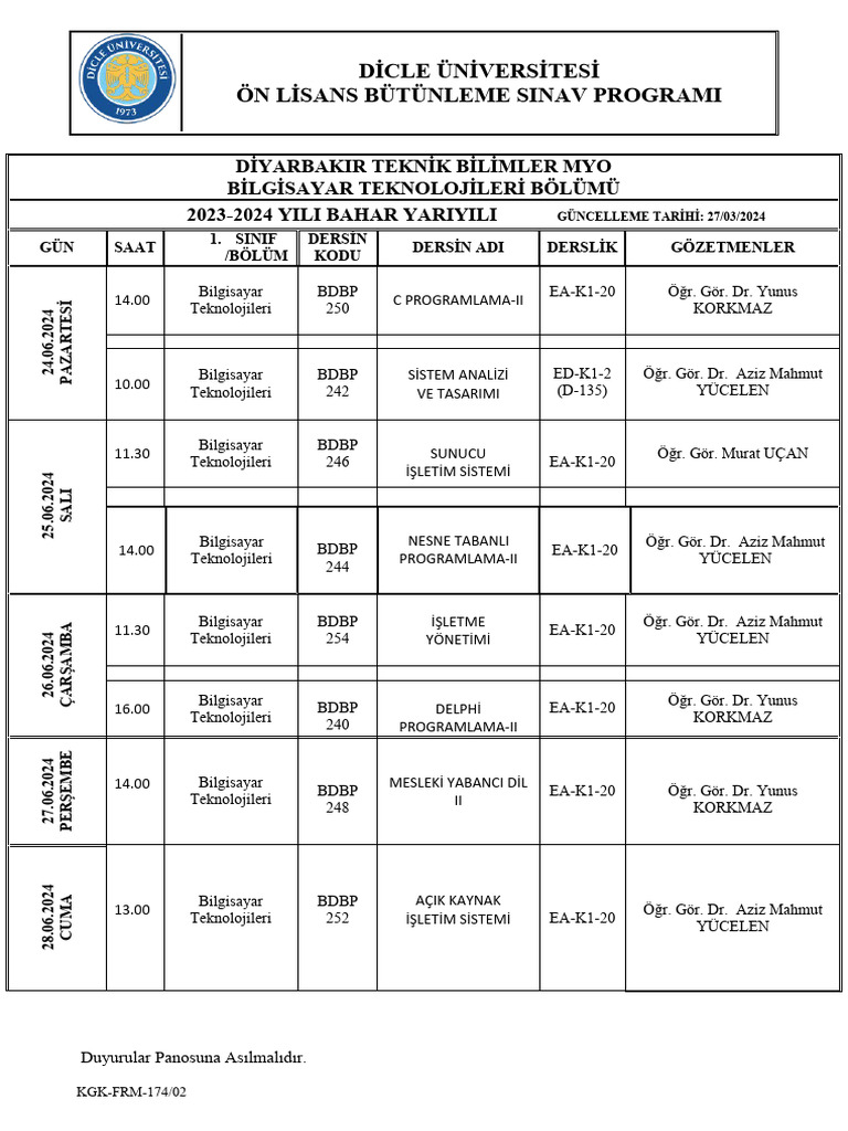 2023-2024 Bahar Bilgisayar Programcılığı 2. Sınıf Bütünleme Takvimi | PDF