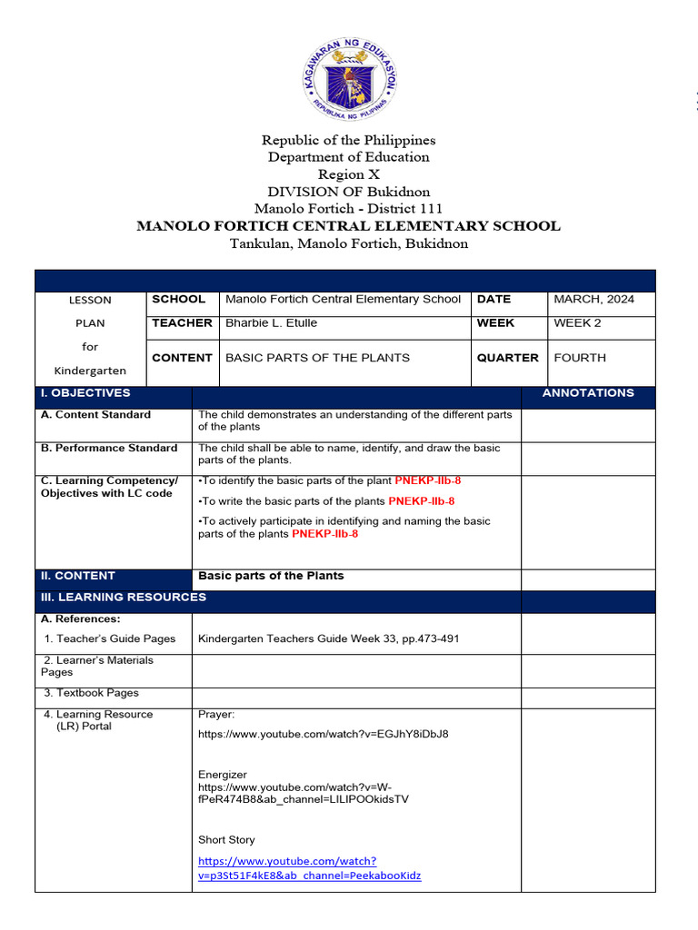 KINDERGARTEN-Lesson-plan | PDF | Learning | Teachers