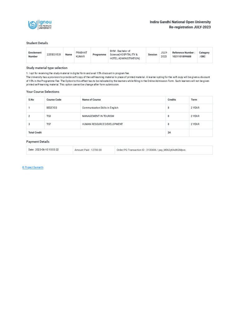IGNOU 2nd Year Payment | PDF | Payments