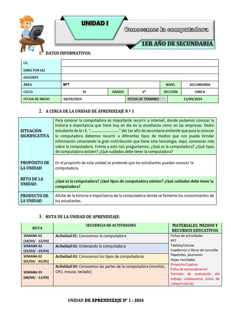 1º Unidad i Ept -2024 | PDF | Aprendizaje | Enseñando