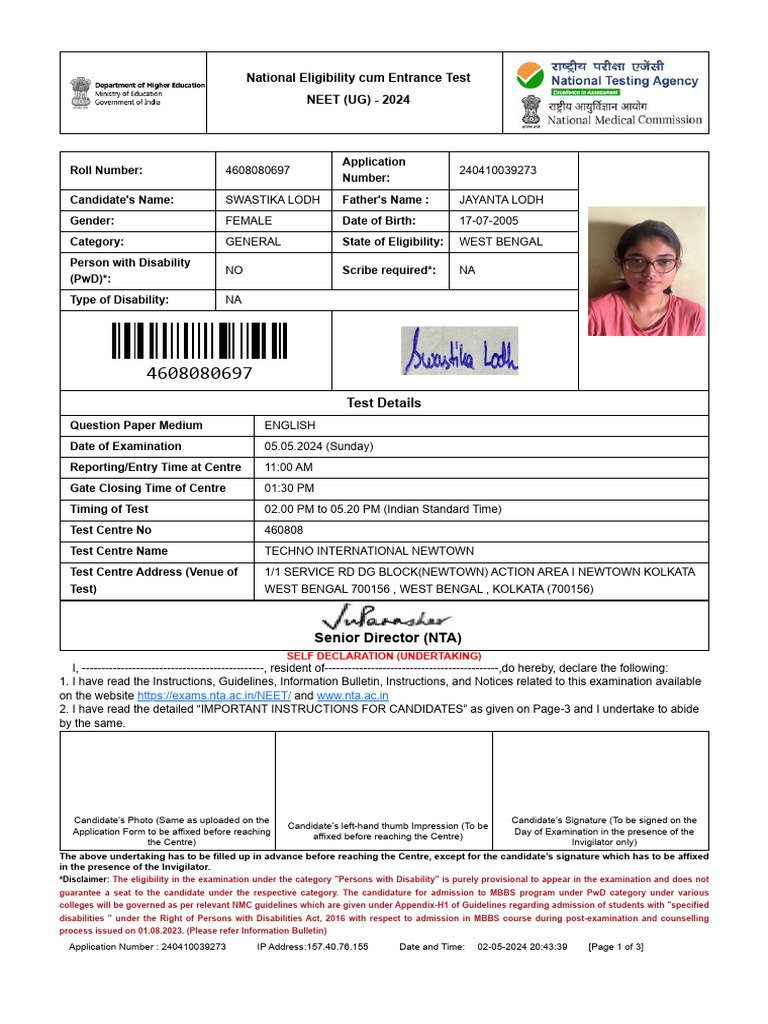 NEET UG 2024 Admit Card for Swastika Lodh | PDF | Identity Document