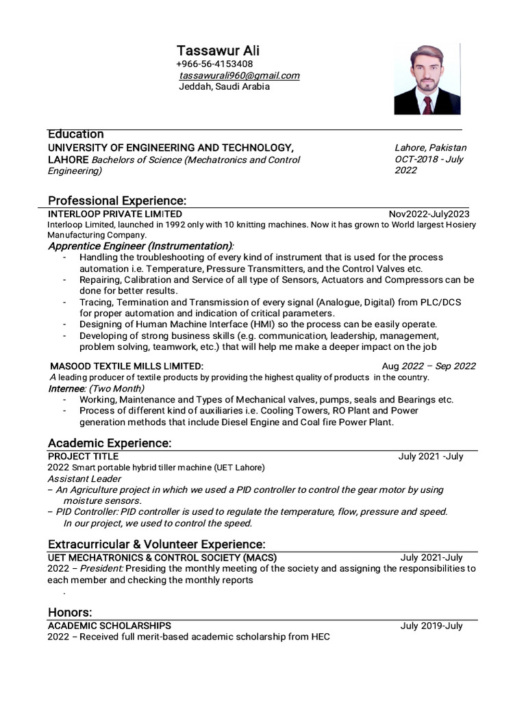 Tassawur Ali CV | PDF | Instrumentation | Automation