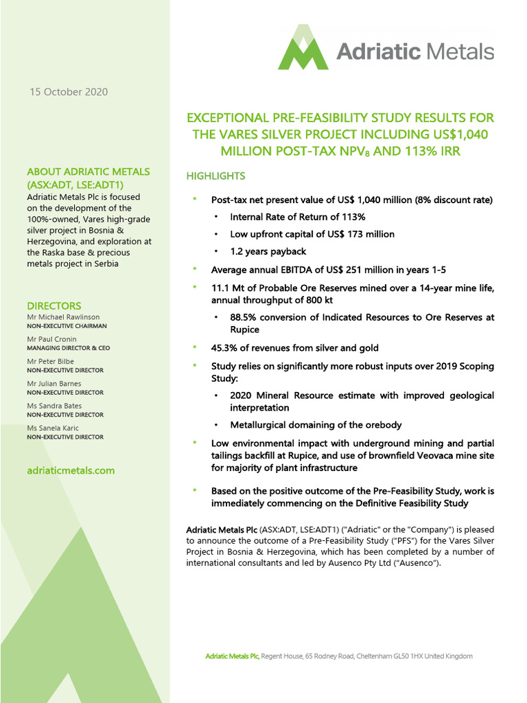 Vares Silver Project PFS Highlights | PDF | Mining