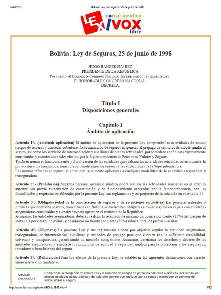 Bolivia - Ley de Seguros, 25 de Junio de 1998 | Descargar gratis PDF | Seguro | Reaseguro