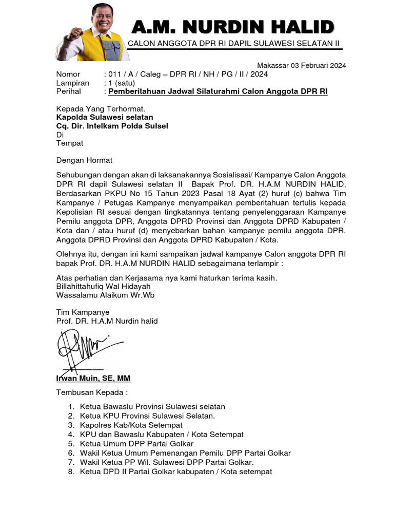 Surat Pemberitahuan Sosialisasi Caleg DPR Ri | PDF