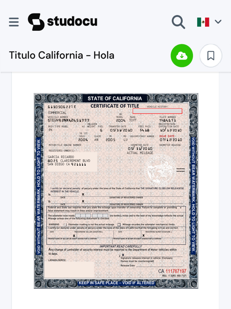 California Vehicle Title Example | PDF | Motor Vehicle | Transport