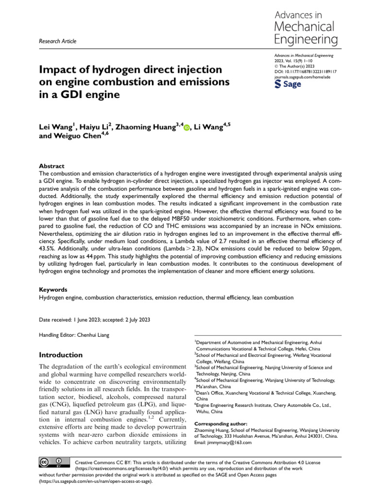 Impact of Hydrogen Direct Injection On Engine Comb | PDF | Combustion ...