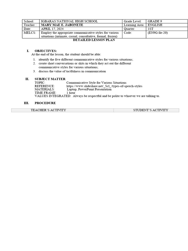 Detailed Lesson Plan (Communicative Styles) DEMO... | PDF | Language ...