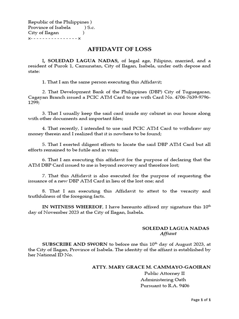 Affidavit of Loss - ATM - DBP | PDF | Law