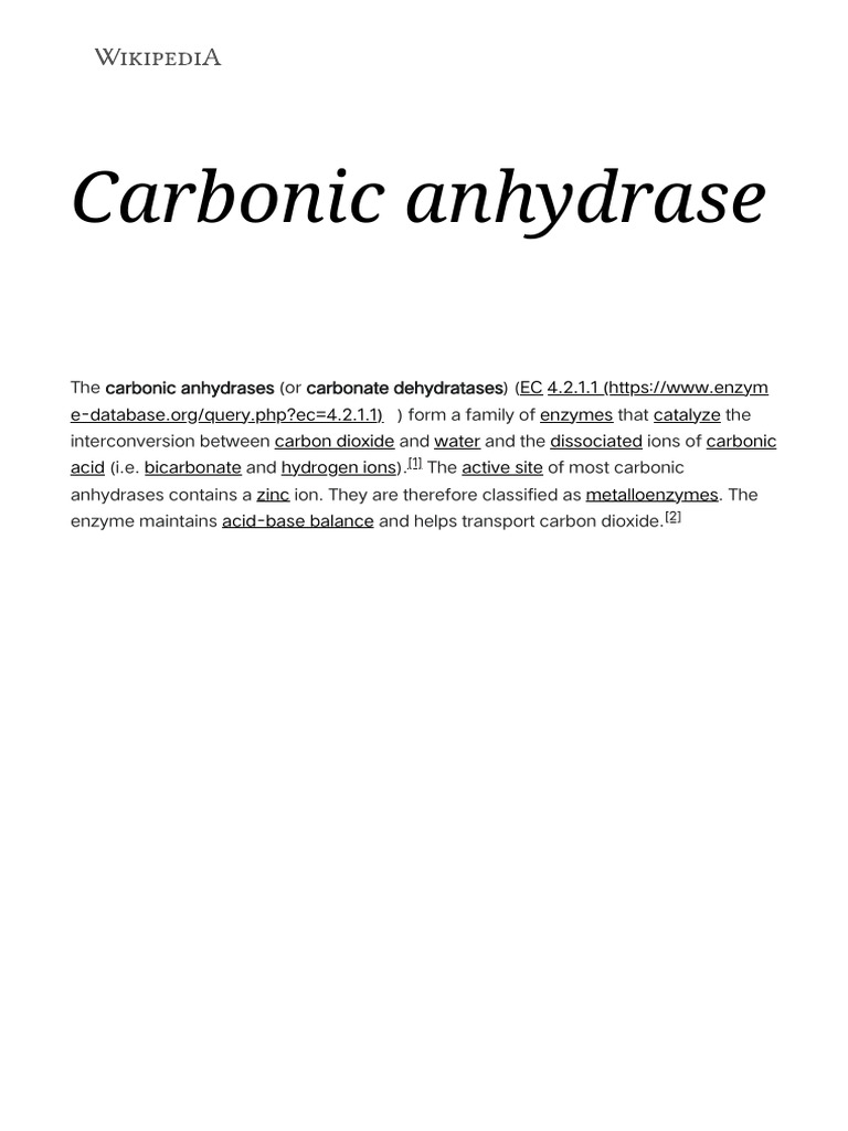 Carbonic Anhydrase - Wikipedia | PDF | Homeostasis | Chemical Compounds