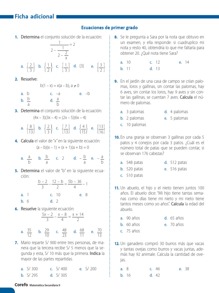 Ecuaciones de Primer Grado - Ficha Adicional | PDF