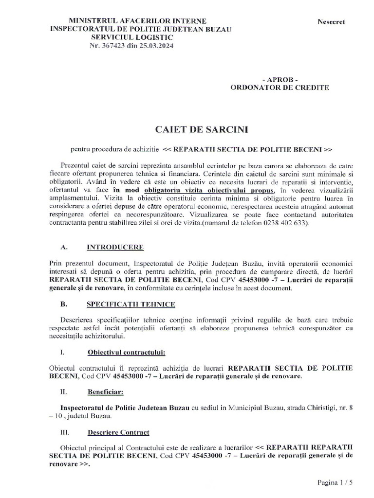 CAIET DE SARCINI SI DEVIZ DE LUCRARI SECTIA DE POLITIE BECENI | PDF