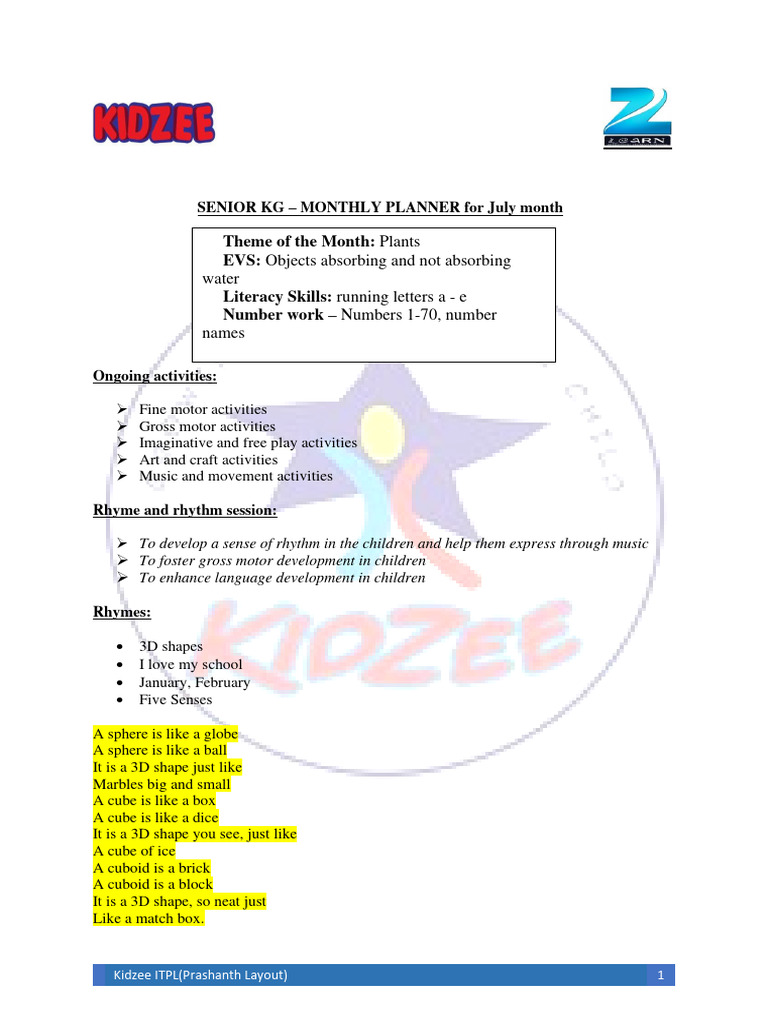 Senior KG July Monthly Planner | PDF