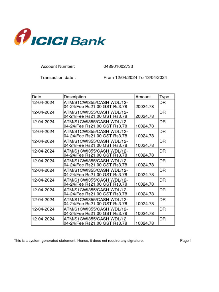 Bank Statement: April 2024 Transactions | PDF | Cash | Automated Teller Machine