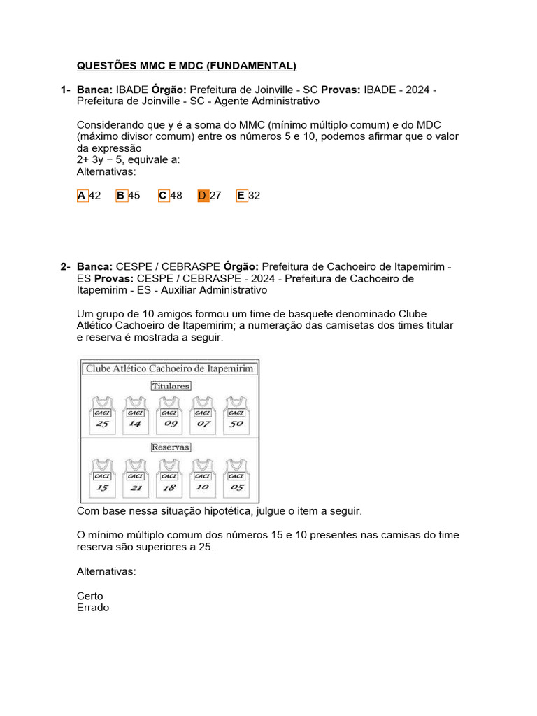 Questões MMC e MDC | PDF | Número primo | Matemática elementar