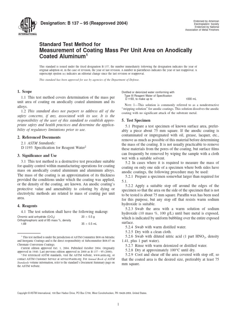 Measurement of Coating Mass Per Unit Area On Anodically Coated Aluminum ...