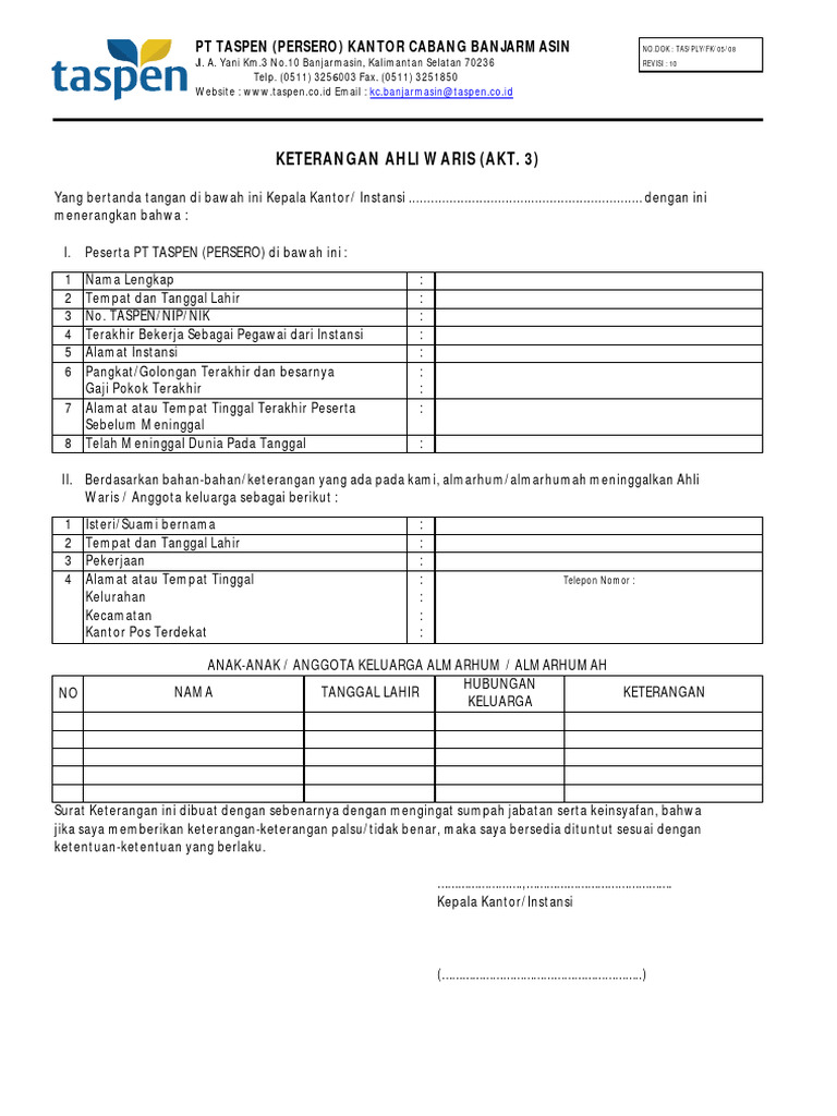 Surat Keterangan Ahli Waris TASPEN | PDF