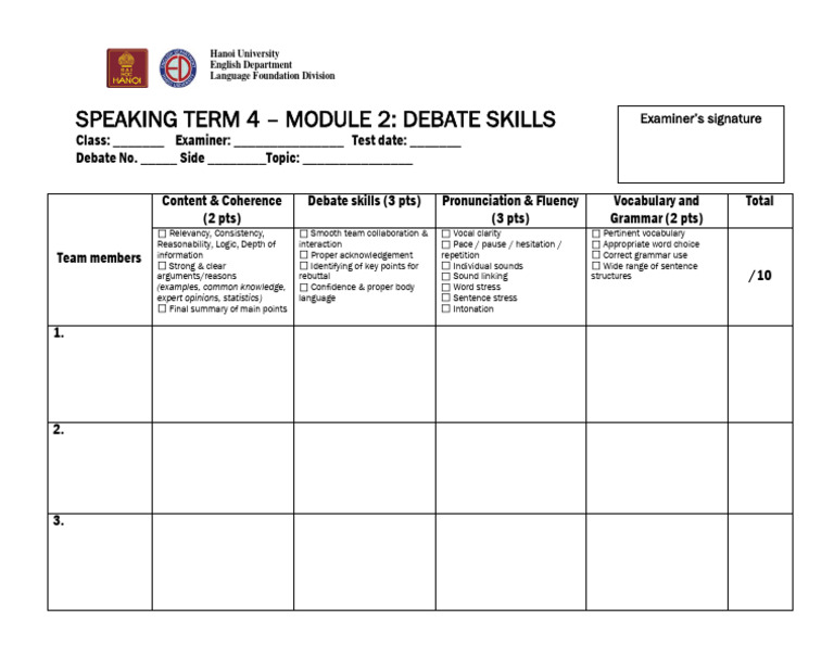 Speaking Skill 4 - Debate - Marking Form | PDF