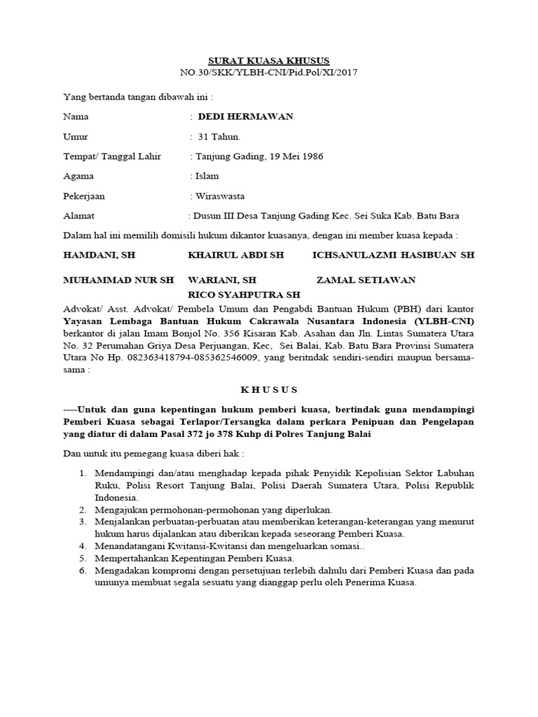 Surat Kuasa Dedi Hermawan Pidana | PDF