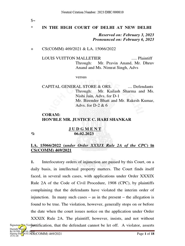 Louis Vuitton vs. Capital General Store Case | PDF | Contempt Of Court ...