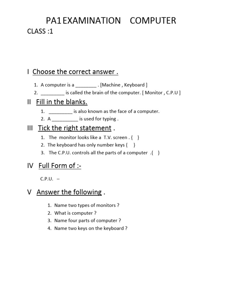 Class 1 Computer PA1 Exam Questions | PDF | Computers | Technology ...