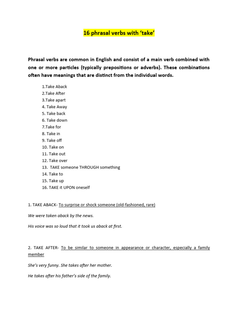 16 Phrasal Verbs with "Take" Explained | PDF | English Language ...