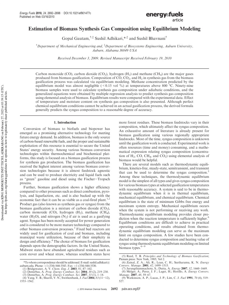 Estimation of Biomass Synthesis Gas Composition Using Equilibrium ...