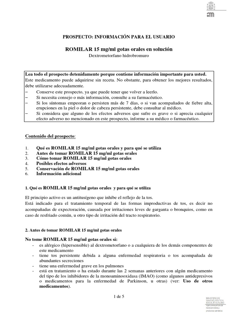 Prospecto Romilar Gotas Orales | PDF | Tos | Medicamentos con receta