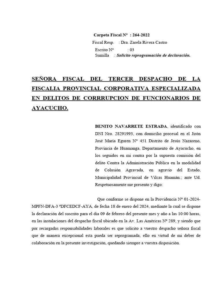 Solicito Reprogramacion de Declaracion | PDF