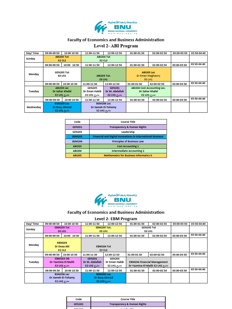 FEBA L2 2nd Semester Study TimeTable 2023-2024 | Download Free PDF | Business Economics | Business