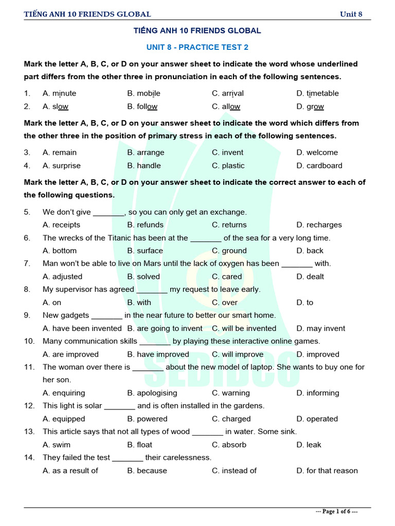 Tieng Anh 10 Friends Global - Unit 8 - Test 2 | PDF | Telephone ...